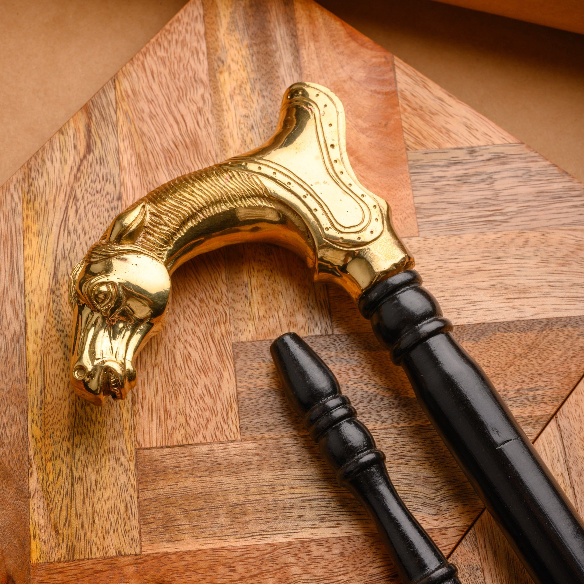 Galloping Stallion Handcrafted Teak Wood Walking Stick with Brass Hand